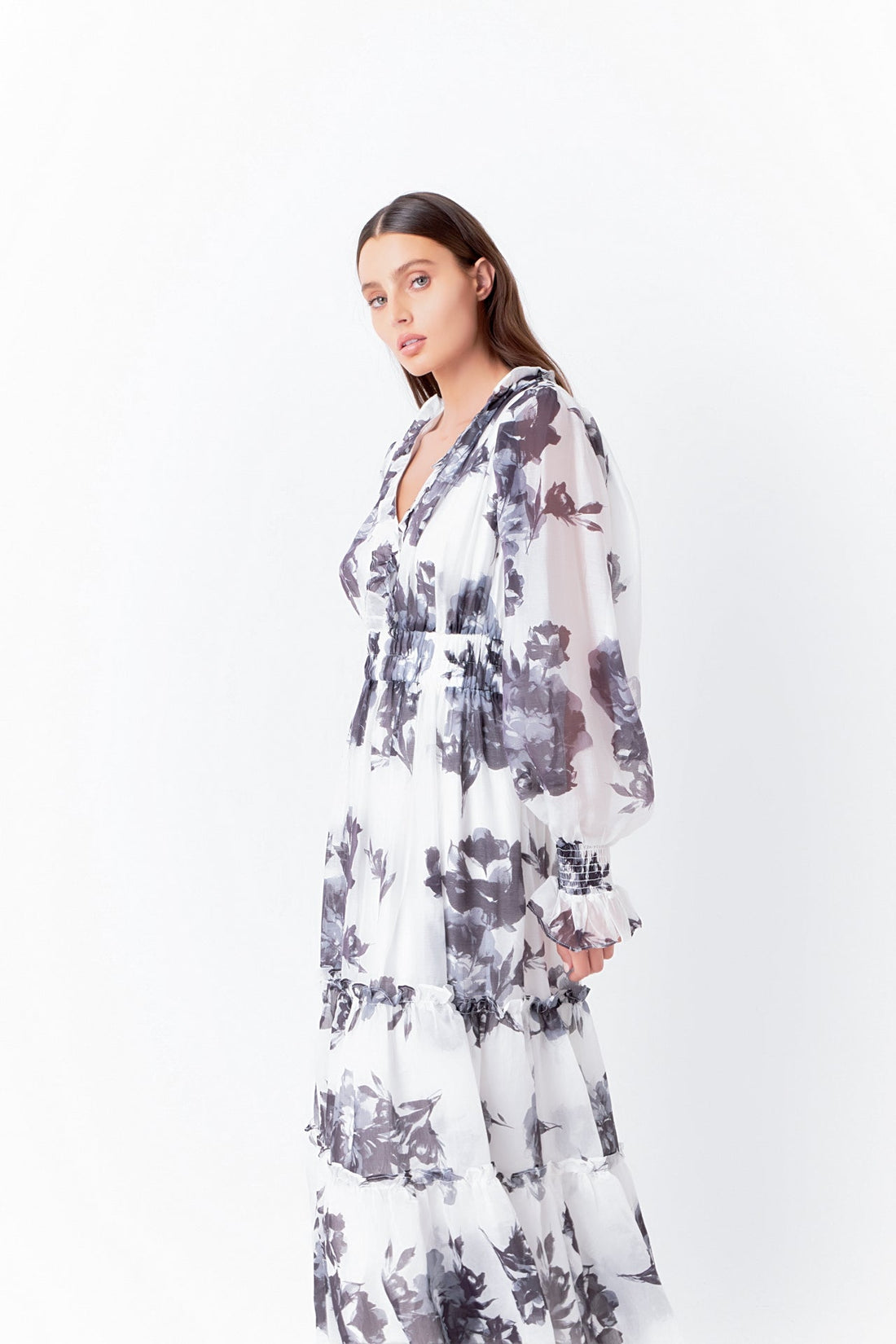 Monotone Floral Print Midi Dress