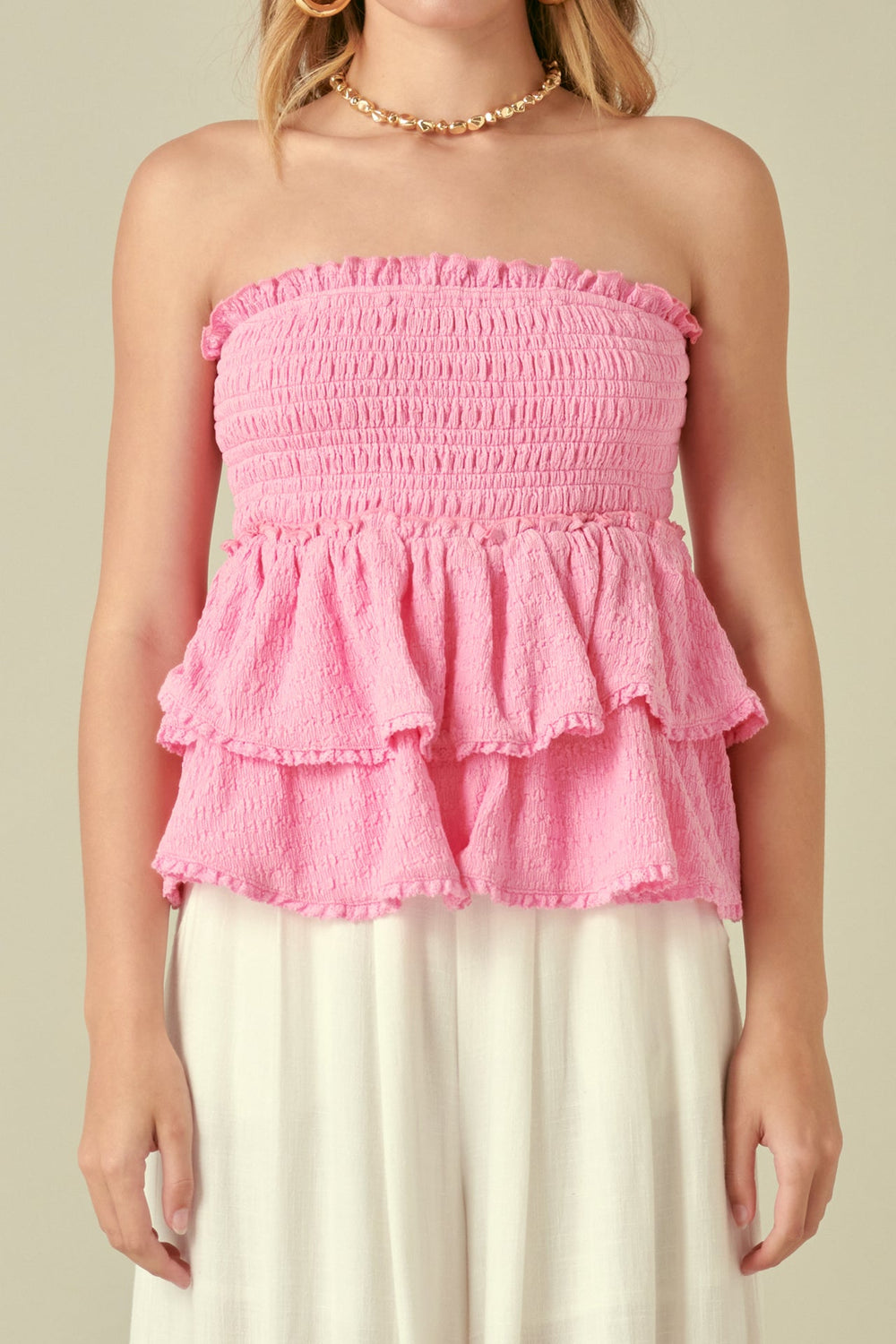 Lace Smocked Knit Ruffled Tube Top