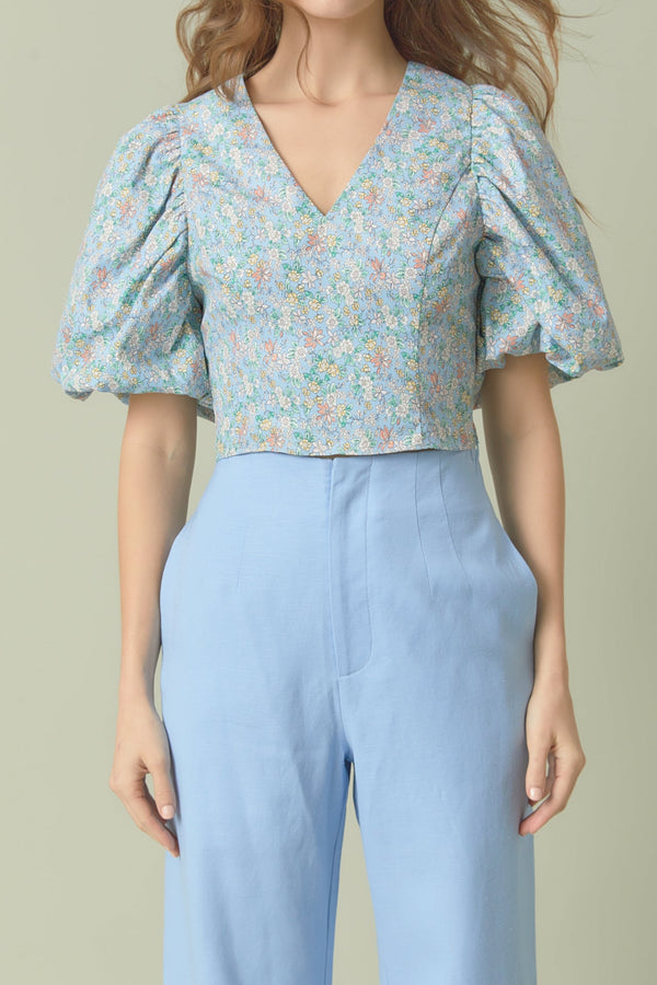 Floral Puff Sleeve Cropped Top