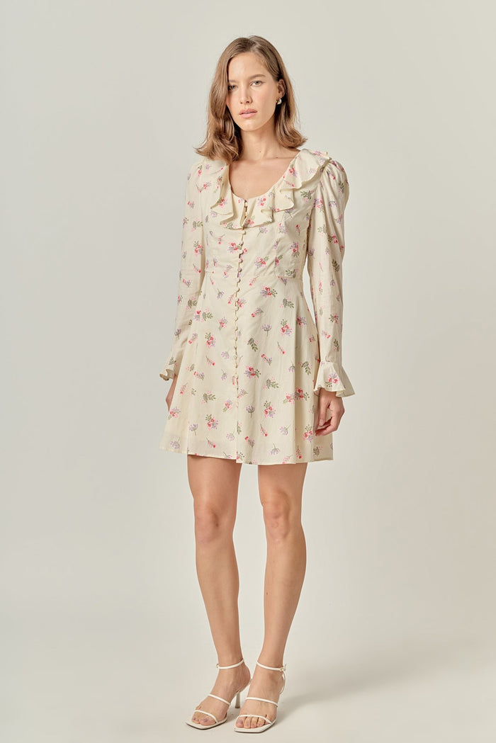 Floral Ruffled Neck Mini Dress