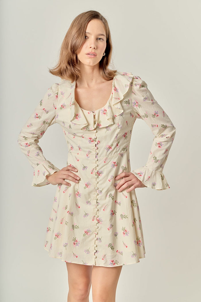 Floral Ruffled Neck Mini Dress