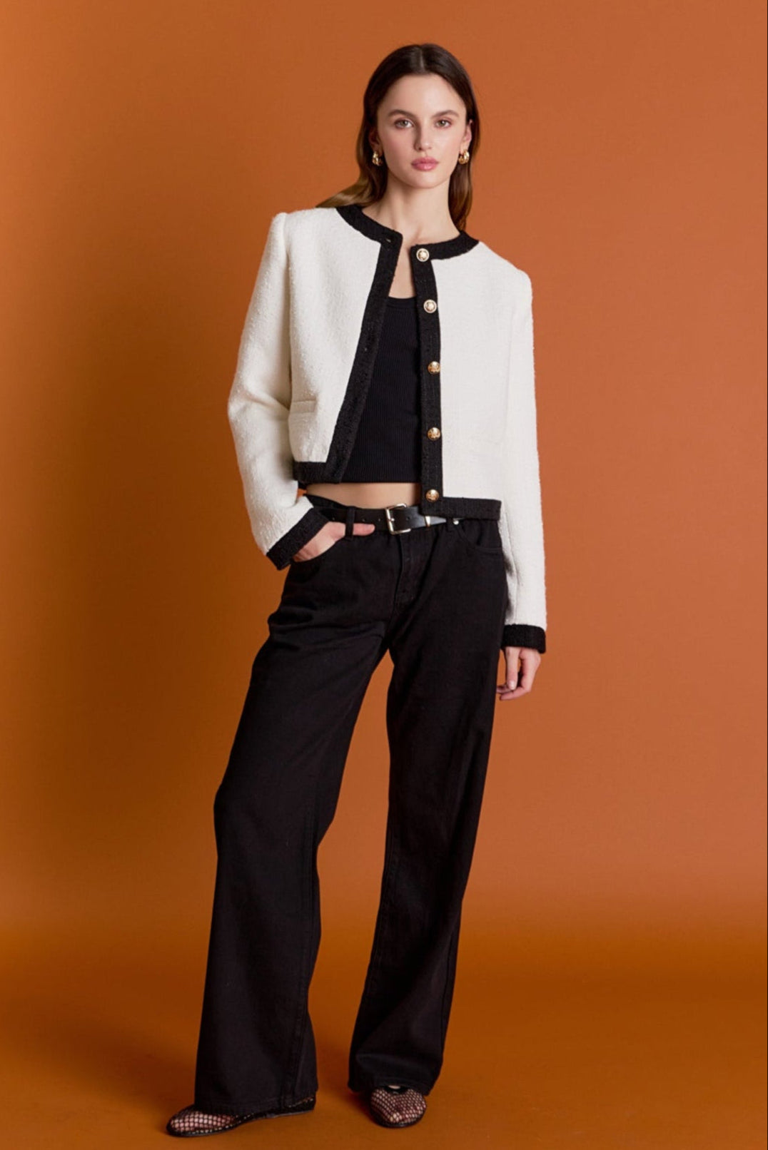 White and Black Collarless Tweed Jacket